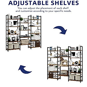 NUMENN Triple Wide 5 Tier Bookshelf, Rustic Industrial Style Bookcases and Bookshelves with 14 Open Display Shelves, Modern Tall Bookcase Furniture for Bedroom, Living Room and Home Office, Vintage