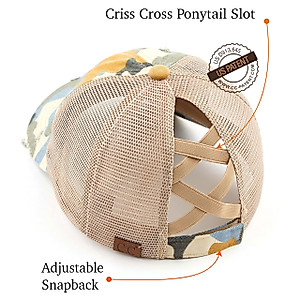 C.C Exclusives Washed Distressed Cotton Denim Criss-Cross Ponytail Hat Baseball Cap Bundle Hair Tie (BT-783) (A Elastic Band-Beige/Camo)