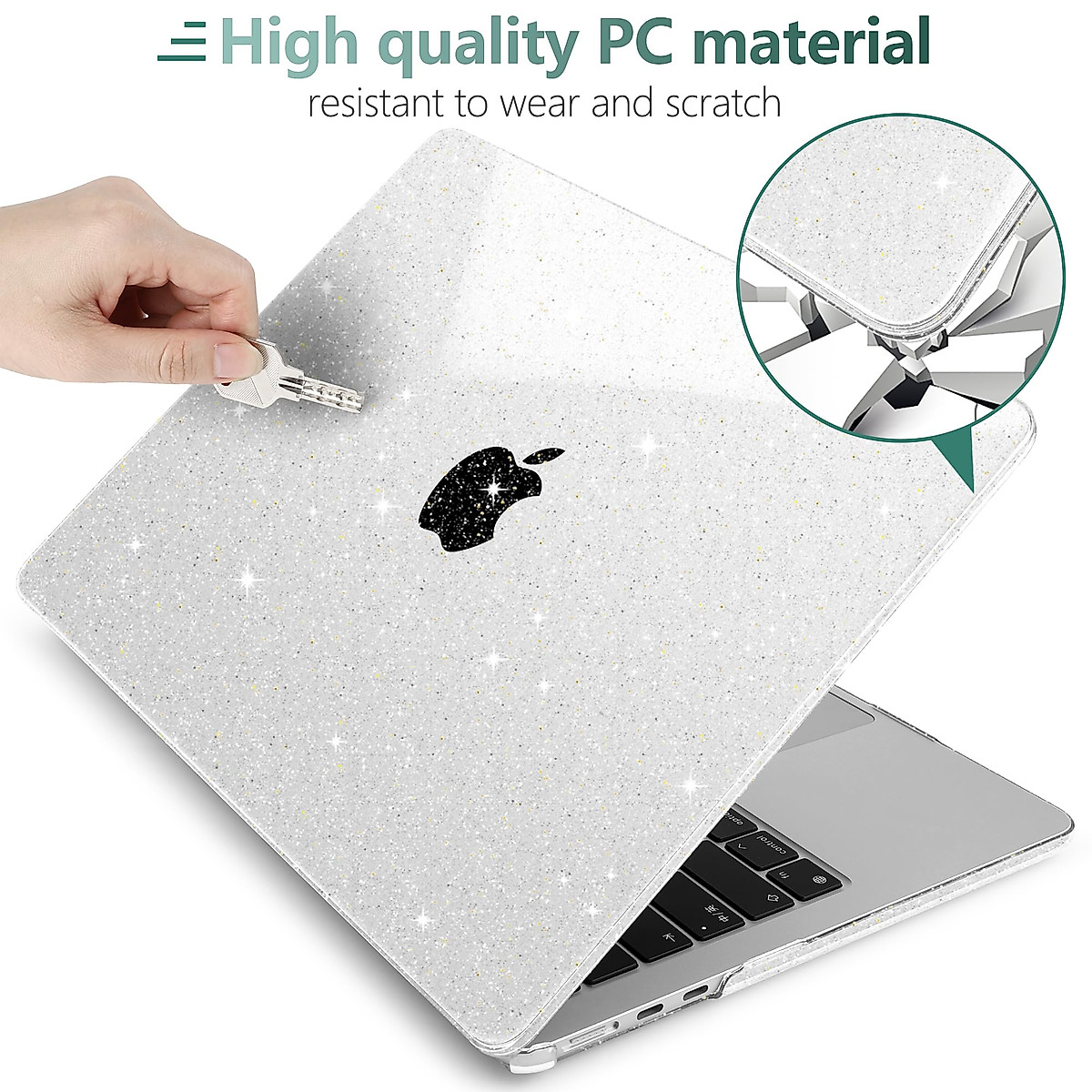 MEEgoodo Glitter Case for M3 MacBook Air 15 inch Case 2024 2023, Fit Model A3114 A2941 with M3 M2, Laptop Shell with Keyboard Cover & Camera Cover & OTG Adapter for 15.3" MacBook Air Case, Star Clear