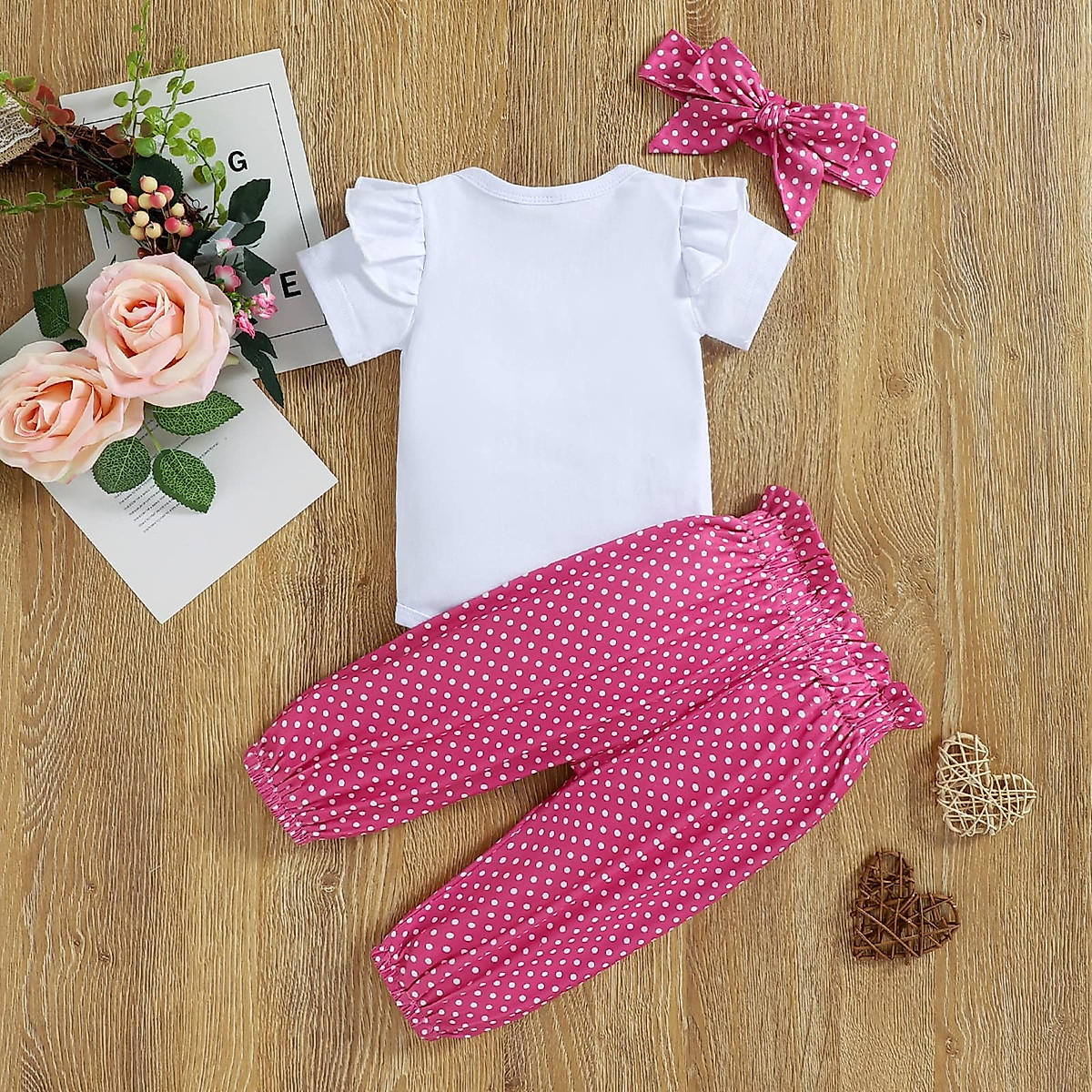 Dimoybabe My First Easter Baby Girl Outfit Infant Clothes Summer Romper Long Pants Headband 3pcs Set 0-3 Months Pink