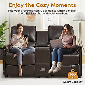 IPKIG Loveseat Recliner Sofa - RV Loveseat Recliner Wall Hugger Manual Reclining Loveseat with Console, Side Pockets and Cup Holders, Faux Leather Double Recliner Love Seat for Living Room (Brown)