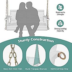 Giantex Wooden Porch Swing 2 Seat - Outdoor Swinging Chairs with Hanging Chains, 600 lbs Weight Capacity, 4 FT Finished Fir Wood Bench Swing for Patio, Outside, Garden, Lawn, Backyard (White)