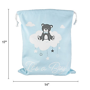 Baby Shower Canvas Gift Bag - Cute Reusable Gift Wrapping Alternative - Pink Blue Drawstring Cloth It's a Boy It's a Girl Gender Reveal Party for New Mom, Parents, Newborn Babies (Single, It's a Boy)