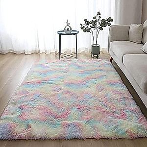 Soft Fluffy Area Rug,Super Cozy Plush Shaggy Rug for Living Room Bedroom Home Decor, Fuzzy Carpet for Kids Girls Nursery Dorm (Rainbow, 4x6 Feet)