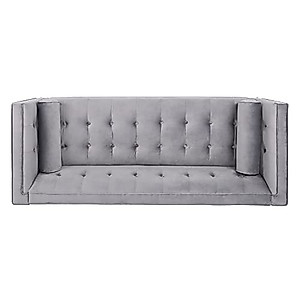 Mid-Century Velvet Chesterfield Sofa Couch, Modern Love Seats Sofa Furniture, Upholstered Button Tufted Couch with 2 Bolster Pillows for Living Room Apartment, Grey