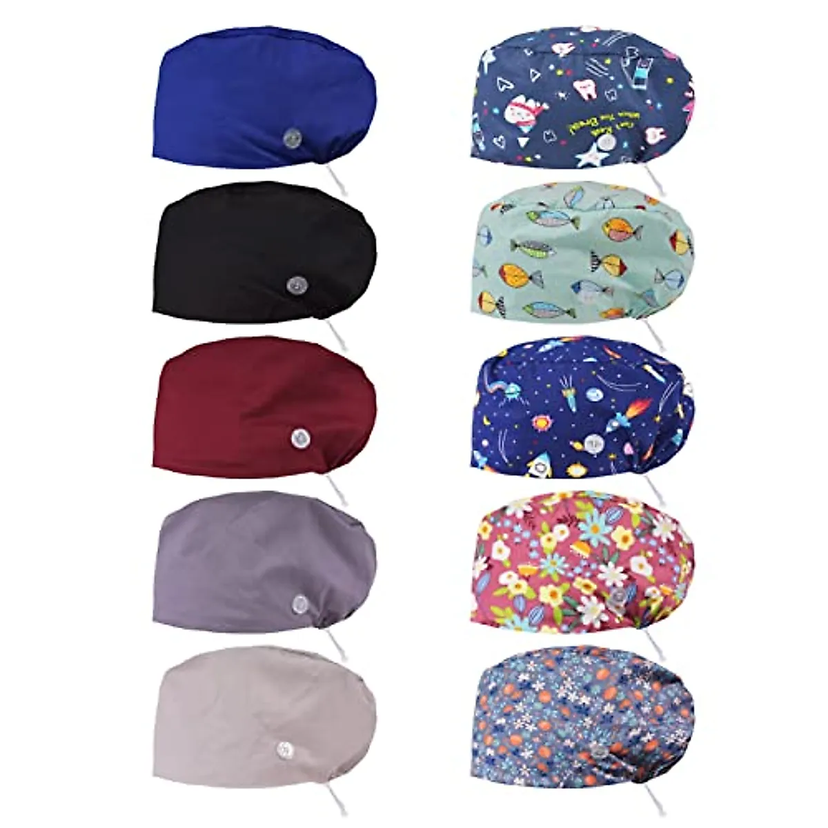 10 Pieces Working Hat with Buttons and Sweatband, Adjustable Bouffant Scrub Caps Women Men Nursing Caps for Nurses (10:5 Printed+5 Solid)