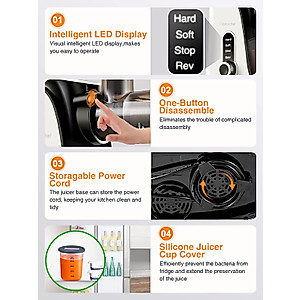 Juicer Machines, AMZCHEF Slow Cold Press Juicer with 2 Speed Modes, Travel bottles(500ML), LED display, Easy to Clean Brush & Quiet Motor for Vegetables & Fruits, Beige