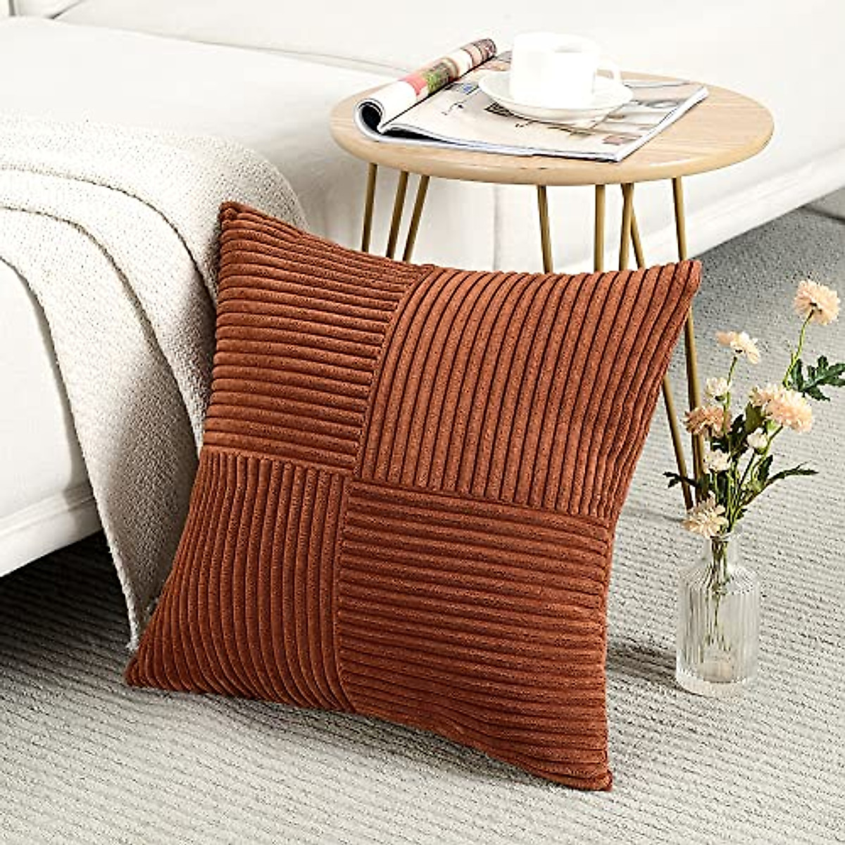 Fancy Homi 2 Packs Rust Boho Decorative Throw Pillow Covers 18x18 Inch for Living Room Couch Bed, Farmhouse Home Decor, Soft Corss Corduroy Patchwork Textured Terracotta Accent Cushion Case 45x45 cm