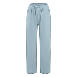 PETYCZEN Women's Cotton Linen Pants Summer Casual Elastic Waist Straight Leg Sweatpants Relaxed Fit Drawstring Wide Leg Pants Loose Beach Palazzo Pants Trousers with Pockets(C-Light Blue,X-Large)