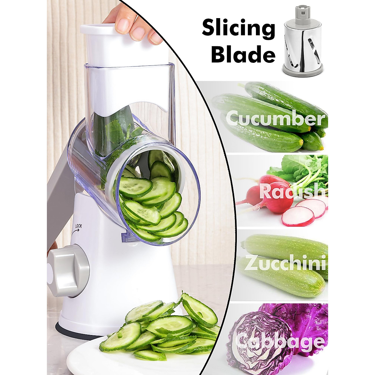 LucGee Rotary Cheese Grater with Handle - 3 in 1 Cheese Shredder Rotary Grater Stainless Steel Handheld, Vegetable Slicer for Fruit, Cheese, Nuts(White)