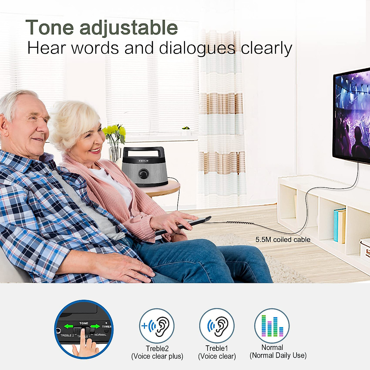 SIMOLIO Wired Speakers for TV with Tone Control, TV Wired-Speakers with 5.5M Long Cord for Digital & Analog Audio, Personal TV Soundbar with Sleep Timer, Ideal for Hard of Hearing and Seniors SM-961