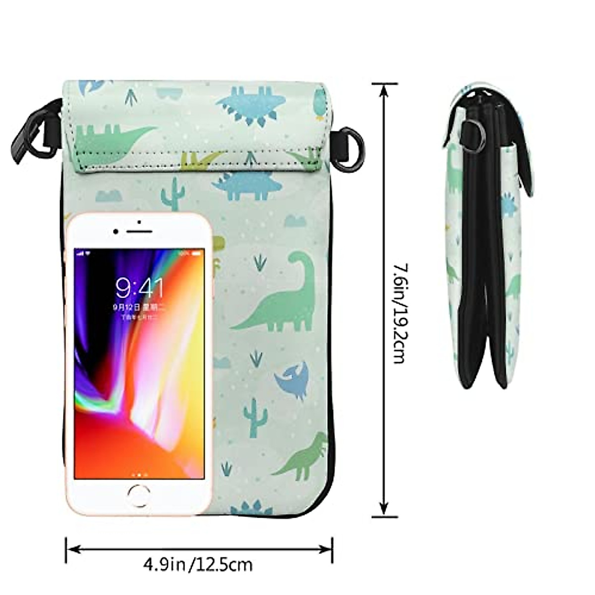 Women's Cell Phone Pouch Small Leather Crossbody Bags Cute Cartoon Dinosaurs Printed Wallet Purses with Adjustable Strap Mini Shoulder Bag Card Holder Wallet