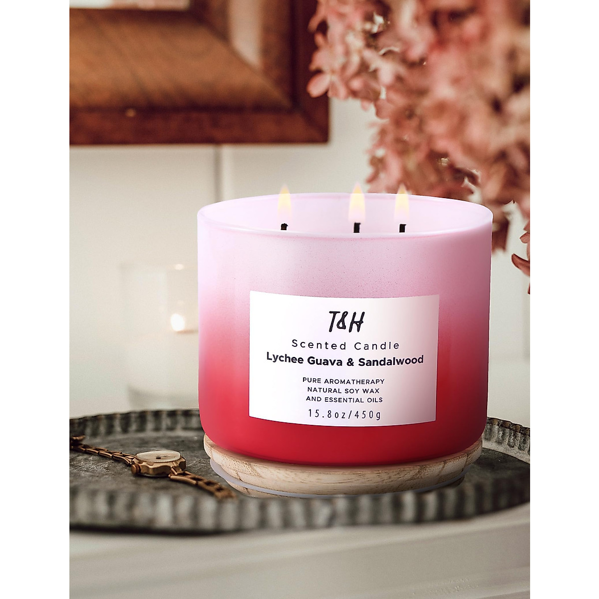 Lychee Guava Sandalwood Candle | Large 3-Wick Highly Scented Candle for Home | Natural Soy Candle 15.8 oz | Sweet & Refreshing Luxury Fragrance Candle | Relaxing Aromatherapy Candle for Women & Men