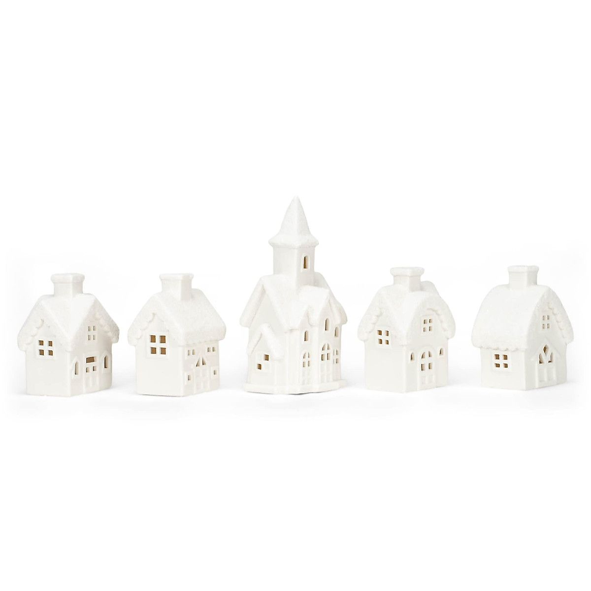 Mark Feldstein & Associates Winter Village with Barn White Unglazed Porcelain Holiday Pre Lit LED Figurines, Set of 11, 5 Inch