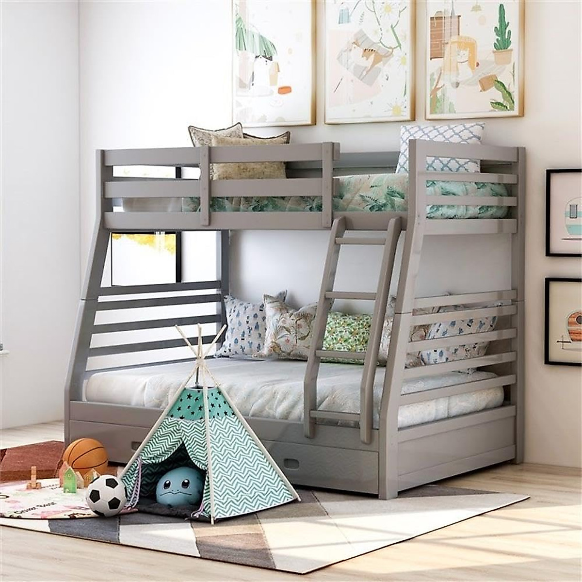 BOWERY HILL Twin Over Full Wood Bunk Bed with 2 Storage Drawers in Gray