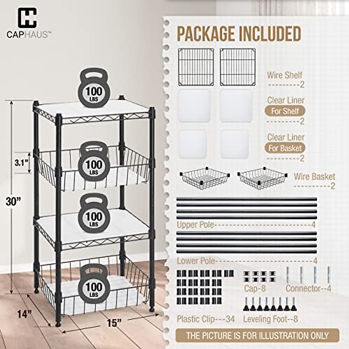 CAPHAUS NSF Adjustable 2 to 4 Tier Stackable Wire Shelving Unit w/Basket & Liner, Storage Corner Shelves, Metal Storage Rack for Kitchen, Bathroom, Laundry Closet, Wire Shelving Basket Shelves Black