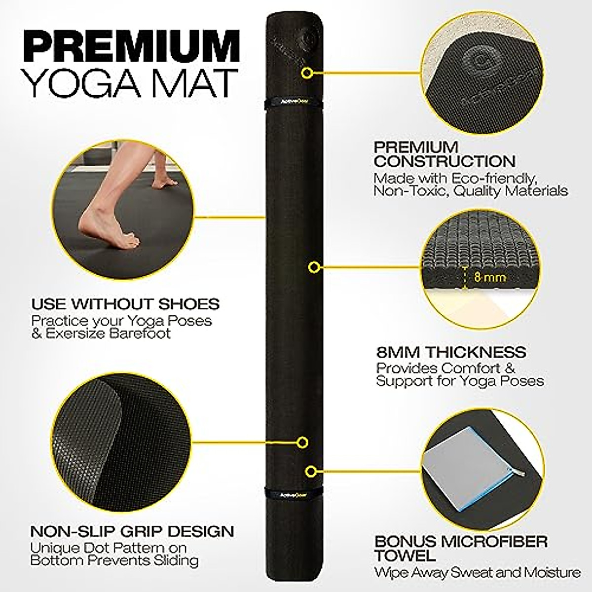 ActiveGear Extra Large Yoga Mat 10 x 6 ft - 8mm Extra Thick, Durable, Comfortable, Non-Slip & Odorless Premium Yoga and Pilates Mat for Home Gym - Black