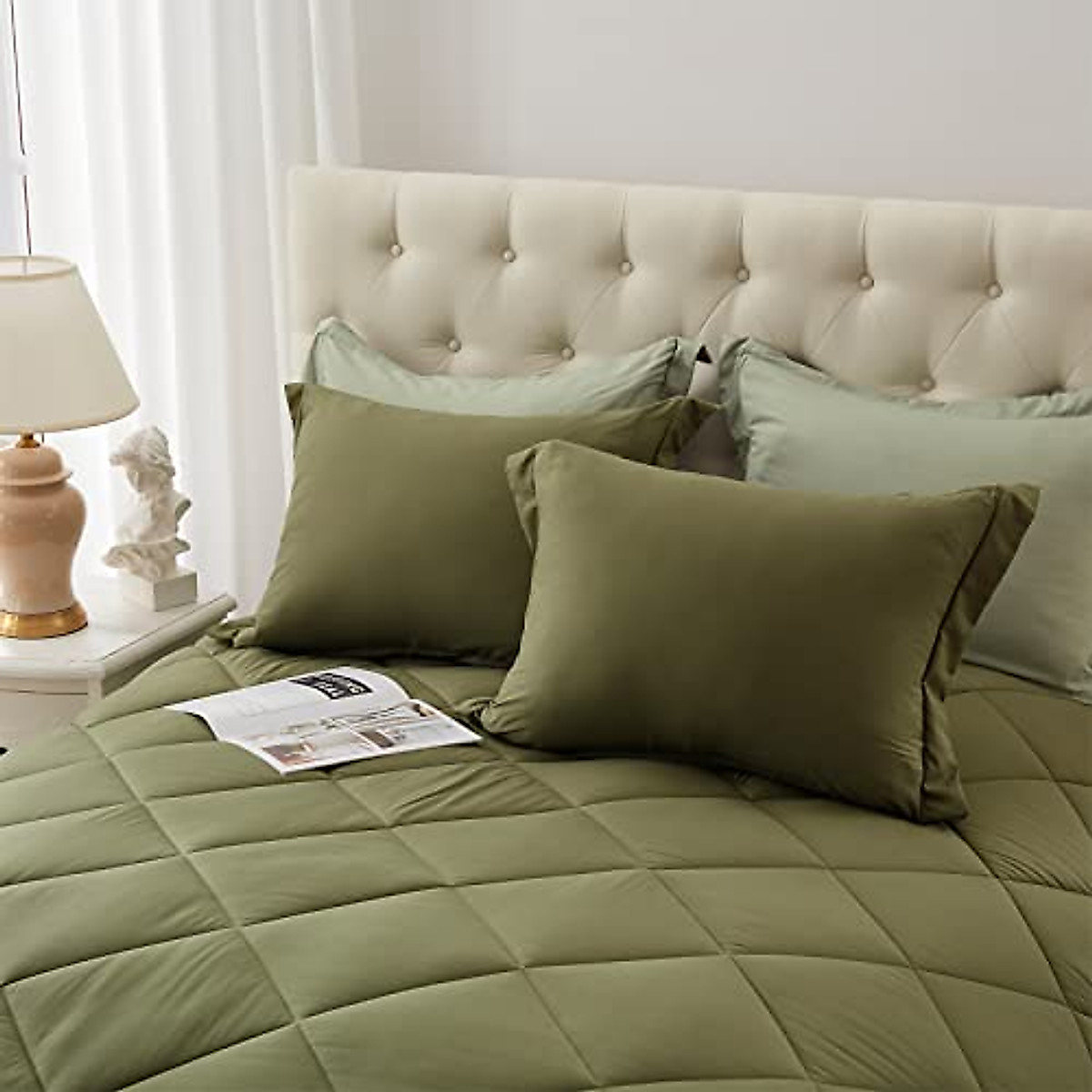 NexHome Queen Comforter Set - Olive Green Comforter Queen Size Bedding Set - Soft Reversible Down Alternative Full Size Comforter Bed Set 3 Pieces 1 Comforter (88"x88") + 2 Pillow Shams (20"x26")