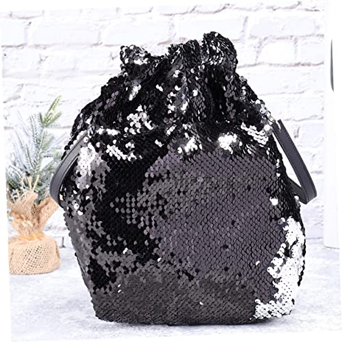 VALICLUD 2pcs Single Shoulder Evening Girls Fashion Handbag - Girl Sequined Bucket Tote Women Clutch Sequins Purse Glitter Sequences with for Draw Strap Chain Messenger Black Sequin Bag
