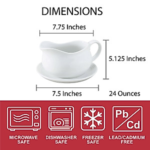 HIC Hotel Gravy Sauce Boat with Saucer Stand, Fine White Porcelain, 24-Ounces
