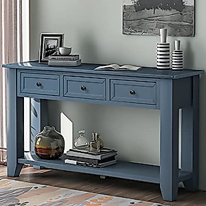 Farmhouse Modern 55 Inch Console Table Wood Sofa Entry Table with Drawers & Open Shelf for Living Room Entryway Bedroom (Blue)
