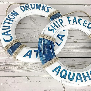 MEANT2TOBE Tiki Bar Hut, Hand Carved Buoy Cute Lifesaver Rings “Ship Faced Aquaholic” & “Caution Drunks at Play”, Sign Pool Decorations, Beach Décor Life Ring, Tiki Bar Decorations
