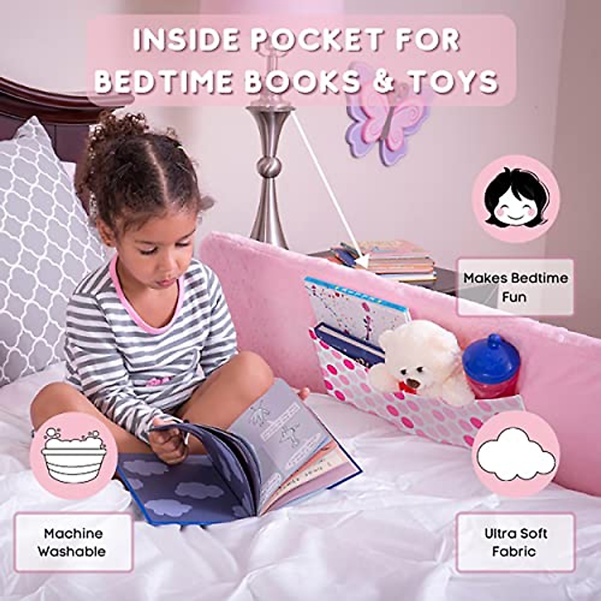 Beautiful Bed Rail for Toddlers (Mom's Choice Award Winner) - with Decorative Cover and Inside Pocket - Toddler Bed Rail Guard for Children Kids, Fits Twin, Full, Queen and King - Standard 43" Pink