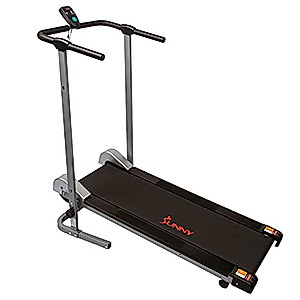 Sunny Health & Fitness Foldable Manual Treadmill, Compact Cardio Fitness, Durable Non-Electric Incline Exercise, Walking Tread Pad, Transportation Wheels, Non-Slip Handlebars with Digital Monitor