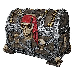 Ebros Large Pirate Ghosts Of The Caribbean Pirate Marauder Skull With Criss Cross Blades Treasure Chest Box Jewelry Box Figurine 7.25"Long