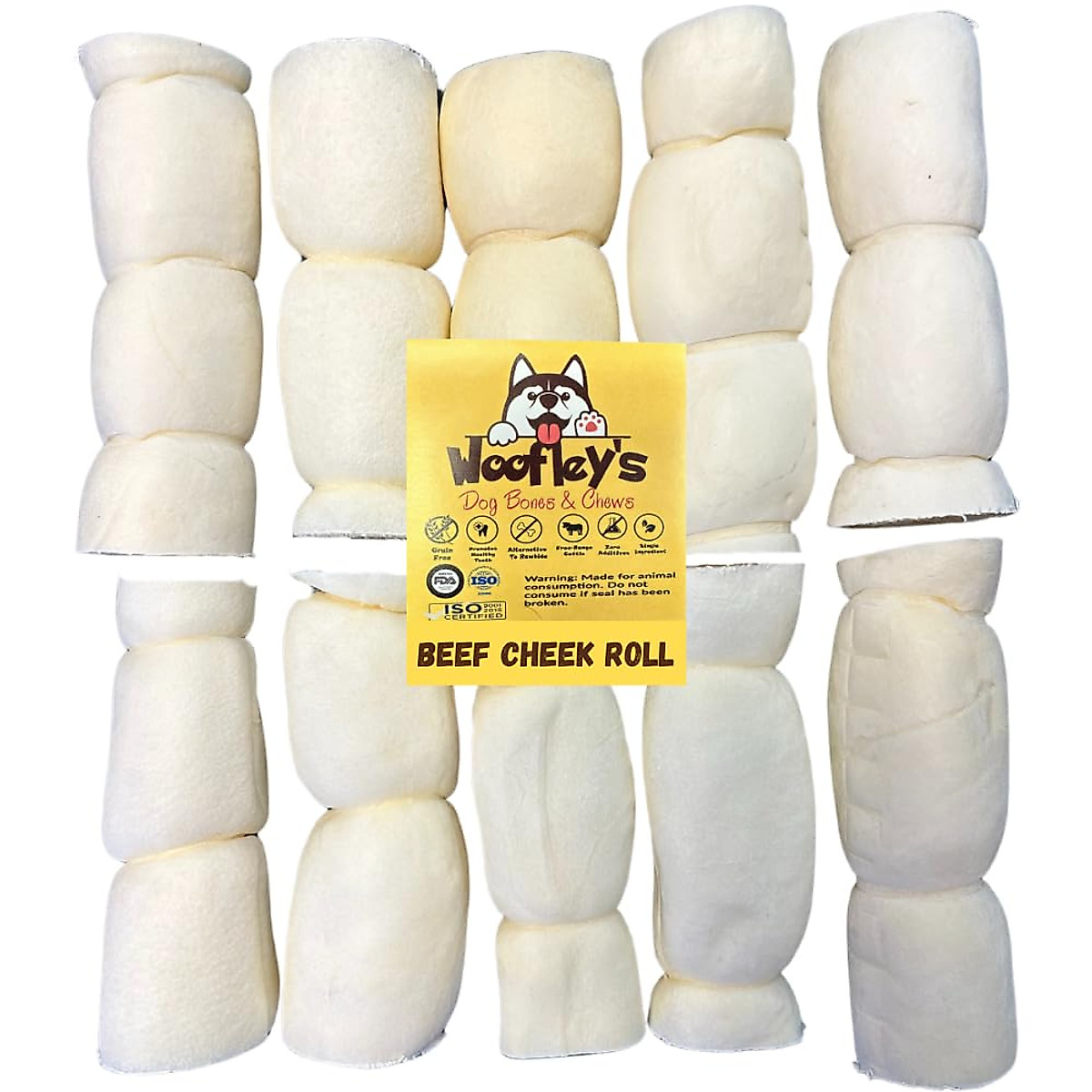 Woofley's 5-6" Buffalo Beef Cheek Roll -(10 Count)- Beef Cheek Rolls for Dogs - Long Lasting Natural Dog Chews