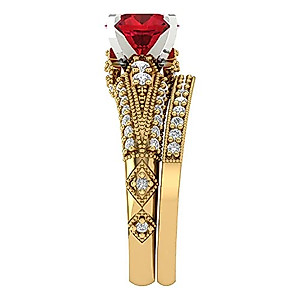 Clara Pucci 2.04 carat Round Cut Solitaire accent Simulated Red Ruby Wedding Anniversary Bridal ring band set 14k 2 Tone Gold 11