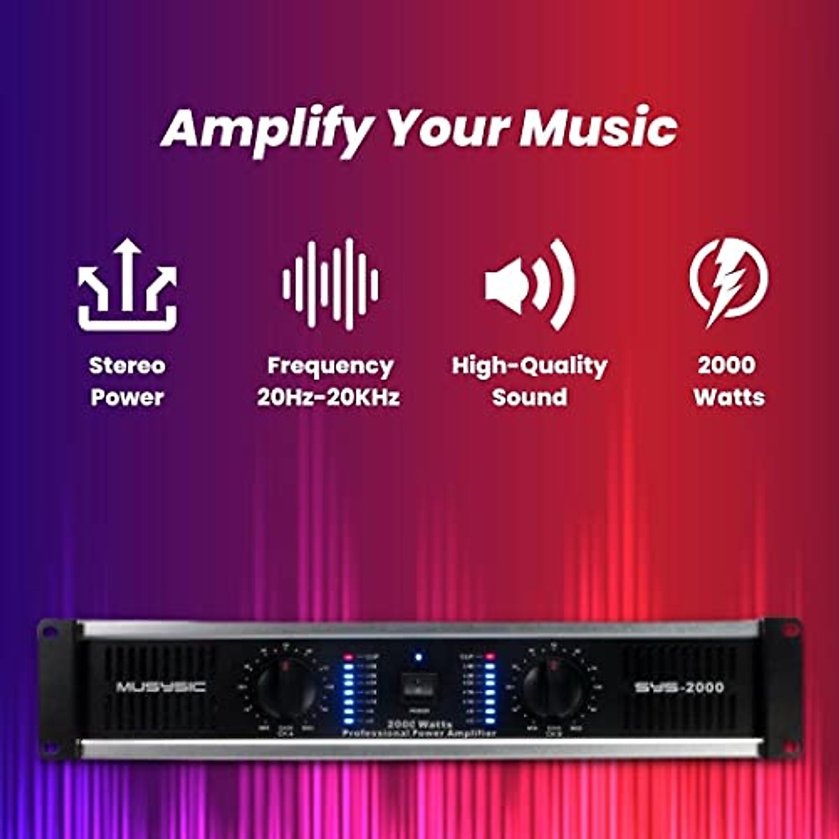 MUSYSIC 2 Channel Power Amplifier Distortion Free and Clear Sound - Professional 2U Chassis Rack Mount Amplifiers for DJs/Experts/Events w/ATR Technology/XLR and 1/4 Inch Inputs - 2000Watts