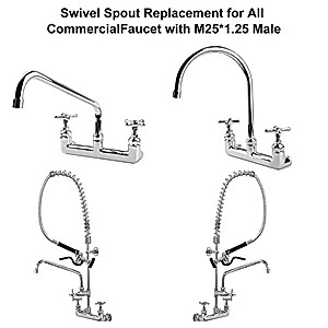 Launceter 12 Inch Swivel Spout for Commercial Faucet, Chrome Polished 360° Swing Spout, 2.2 GPM Stainless Steel Add-on Spout for All Brand Commercial Kitchen Sink Faucets (M25*1.25mm)
