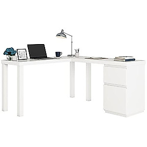 Sauder Northcott White L-Shaped Desk with Drawers, White Finish