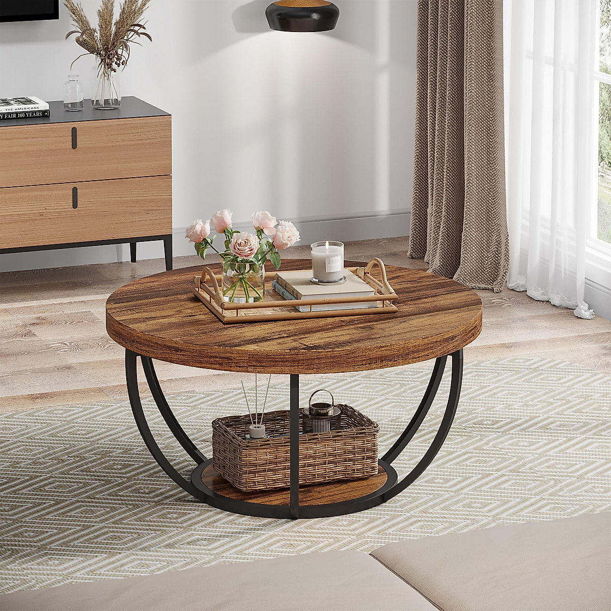 Tribesigns Round Coffee Table, 31.7" Wooden 2-Tier Circle Coffee Table with Storage Shelves, Modern Accent Cocktail Table Center Table for Living Room, Rustic Brown