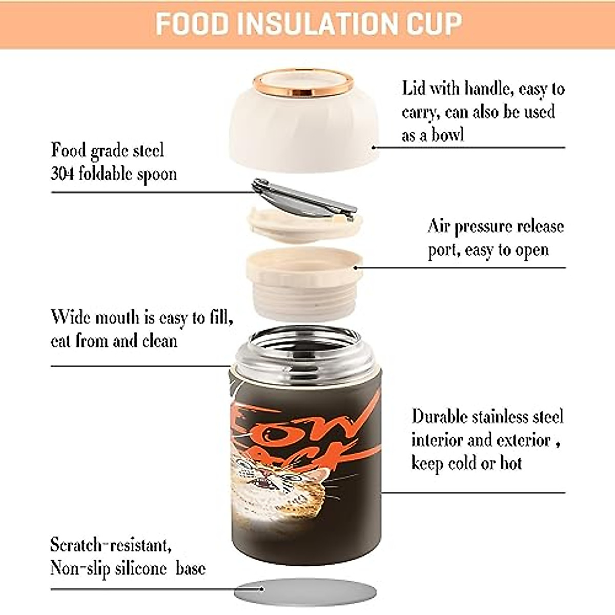 CUPADA Meow Attack Cartoon Food Jar, Cat Scratch Black Insulated Hot Food Jars Vacuum 17OZ with Folding Spoon for Work Trip Picnic Camping