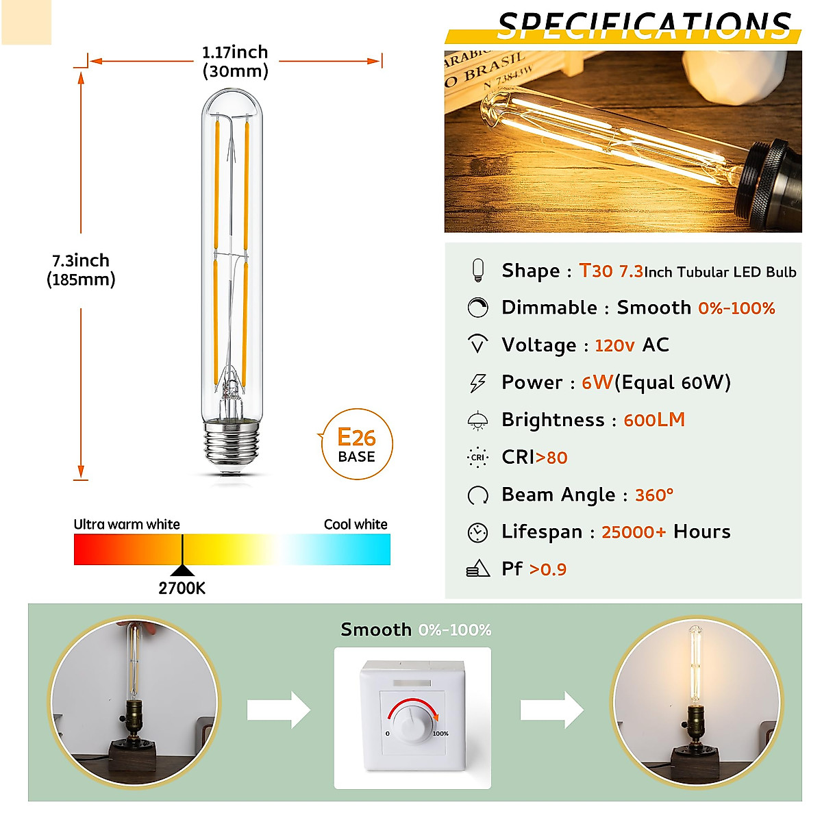 Sphoon Tubular Light Bulb 7.3 Inch Dimmable T10 LED Bulb E26 6W 60 Watts Edison Bulbs 2700K Solf White,185mm Long for Wall Sconces, Pendant, Livingroom, 4-Pack