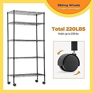 BestOffice 14"x30"x60" Storage Shelves Heavy Duty Shelving 5 Tier Layer Wire Shelving Unit with Wheels Metal Wire Shelf Standing Garage Shelves Storage Rack,Adjustable NSF Certified(Black)