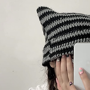 Ponitrack Crochet Hats, Vintage Cat Beanie Grunge Accessories Slouchy Beanies for Women (Black,One Size)