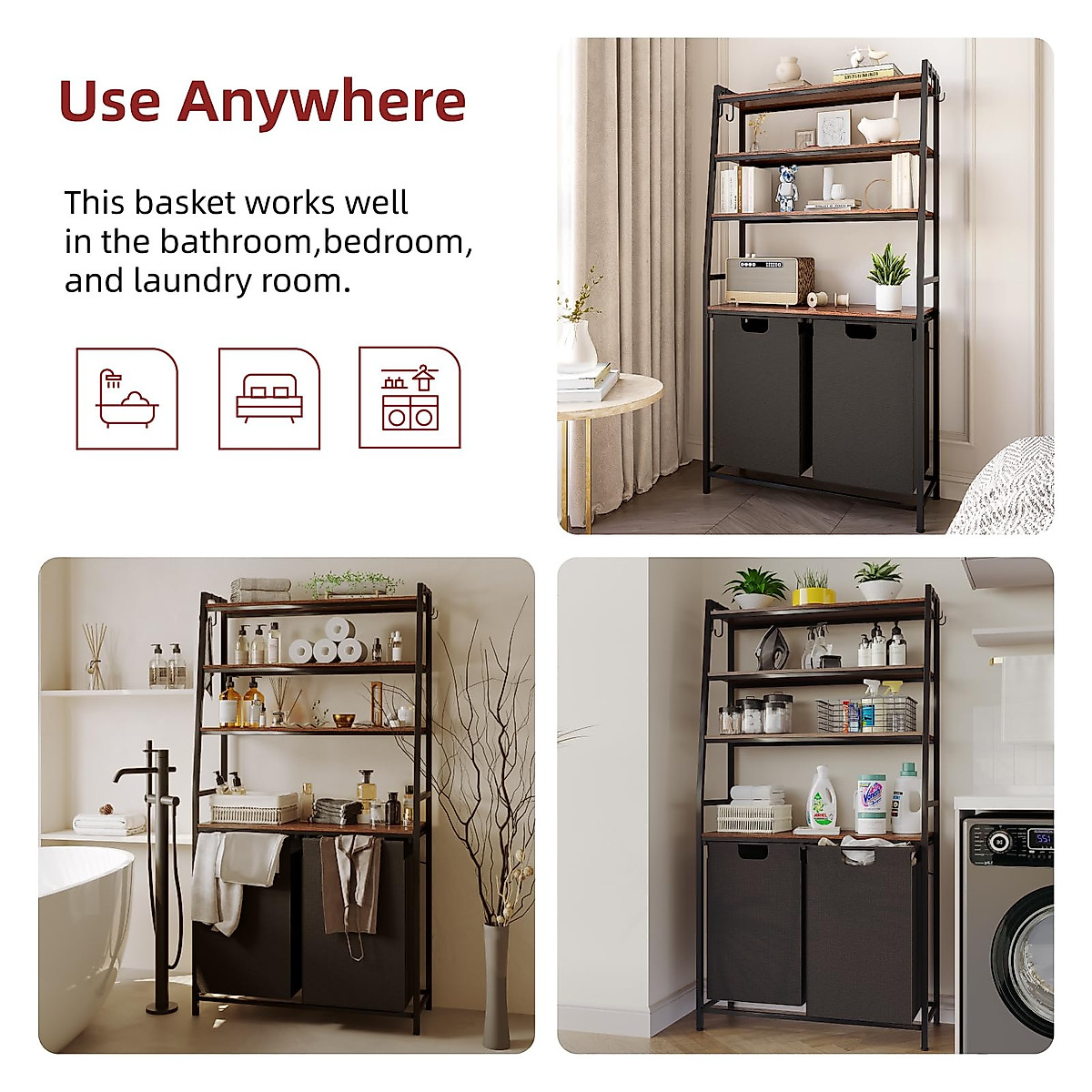 Moozerka Laundry Hamper with Shelves and Hooks, 4 Tiers Tall Laundry Basket with 2 Removable Laundry Bags, Laundry Sorter with Ladder Shelves for Laundry Room Bathroom Bedroom