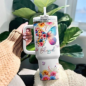 99WHALE Insulated Handle Steel Floral Yellow Stainless Quartz Coffee Hot Modern Rose Red Camelia, Christian Gifts, Tumbler 40 Oz With Handle Lid And Straw, Butterfly Blessed Faith
