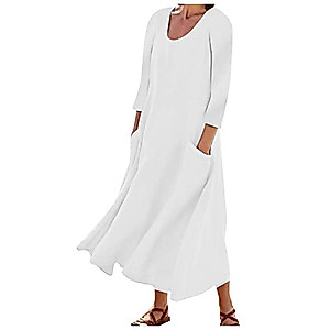Maxi Dress, High Low Dress for Women Wedding Dresses with Long Sleeves Women's Fashion Casual Solid Colour Sleeveless Cotton Linen Pocket Dress Casual Color Three-Quarter Sleeve (XXL, Z-White)