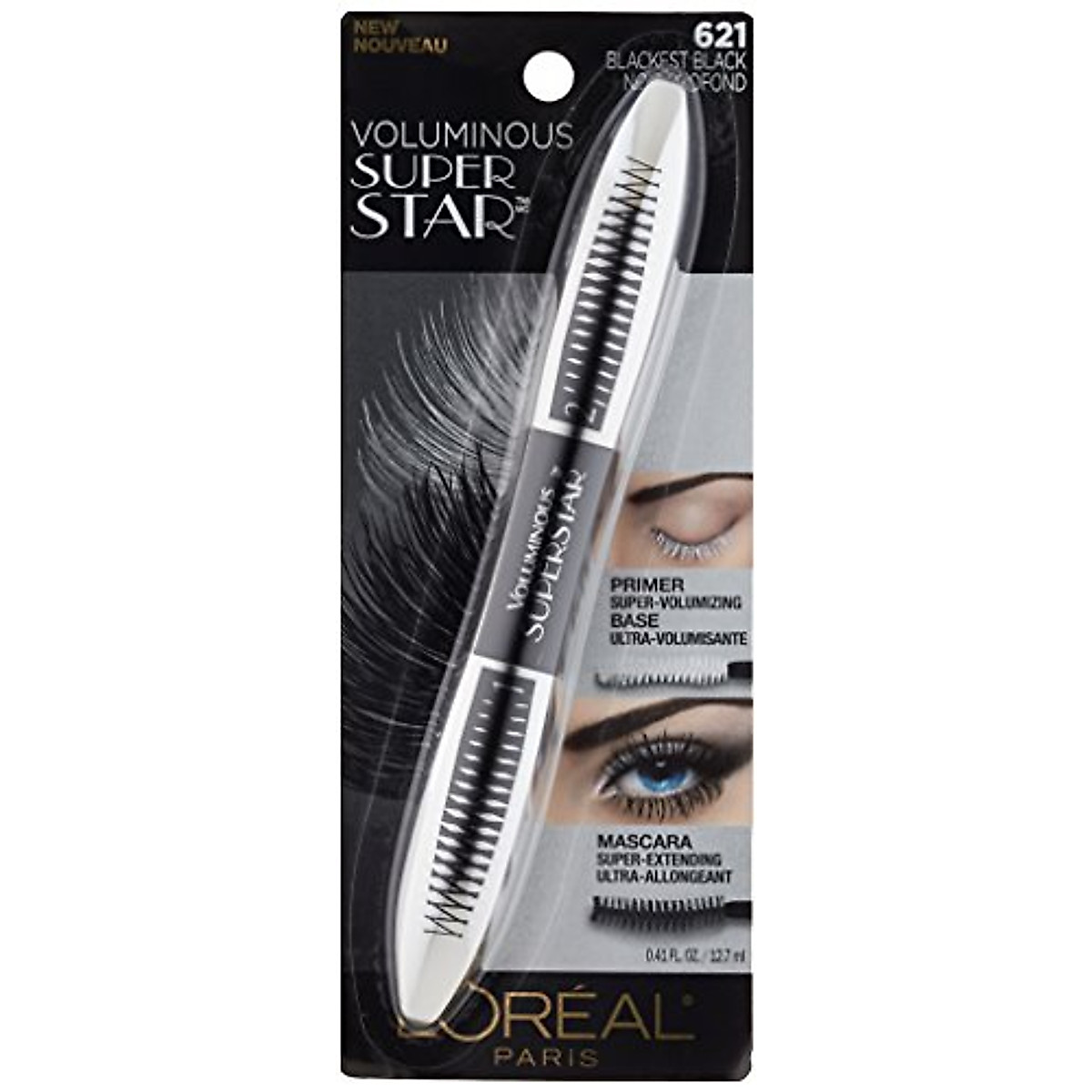 L'Oreal Paris Cosmetics Voluminous Superstar Mascara, Washable, Blackest Black, 0.41 Fl. Oz, 1 Count