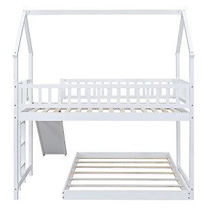 Harper & Bright Designs House Bunk Bed with Slide, Wood Twin Over Full L-Shape Bunk Bed Frame with Roof, Full-Length Guardrail, Built-in Ladder for Kids Teens, No Spring Box Required (White)