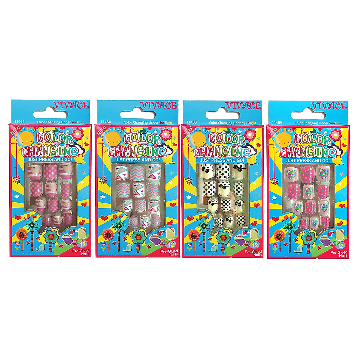 Vivace 4Pack 48Tips Color Changing Under Sun Fake Nails, Artificial Preglued Junior Sticker Nails 11461 etc (Sun 1)