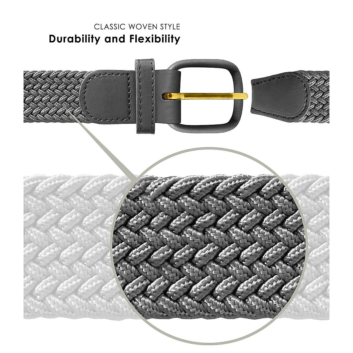 Belts.com Leather Covered Buckle Woven Elastic Stretch Belt, White, (L(37"-39")