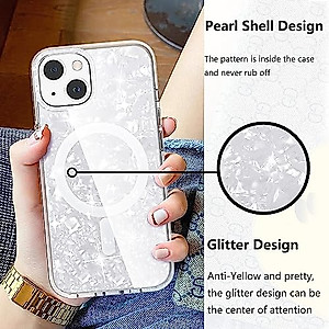 Tksafy for iPhone 13 Case/iPhone 14 Case for MagSafe, Cute Glitter Pearl Design for Women and Girls, Anti-Yellow Hard PC Protective Luxury Shockproof Bumper Phone Case for iPhone 13/14, White