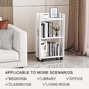 yeavs 3-Tier Side Table with Wheels, Moveable Bookshelf, Multi-Functional Rolling Bookcase Storage Cart Organizer for Office Living Room Bedroom Bathroom, White