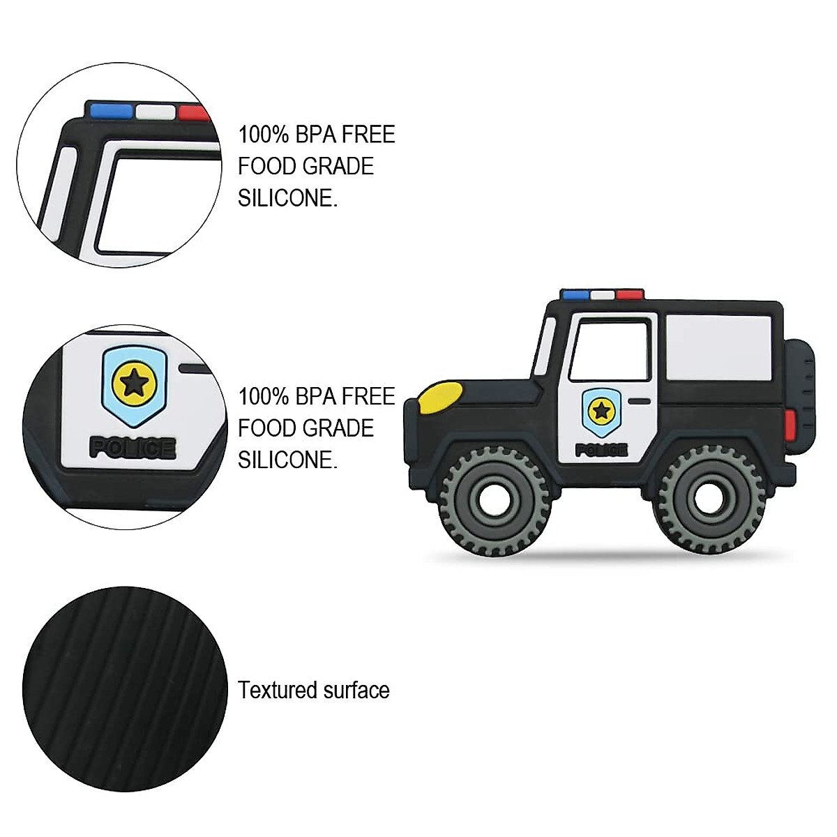 AmazingM Car Series Baby Teething Toys,Food Grade Silicone Chew Teether for 3 Months+ Infant Boy and Girl,Toddler Sensory Chewing Teether,BPA Free. (Police Car, Black)