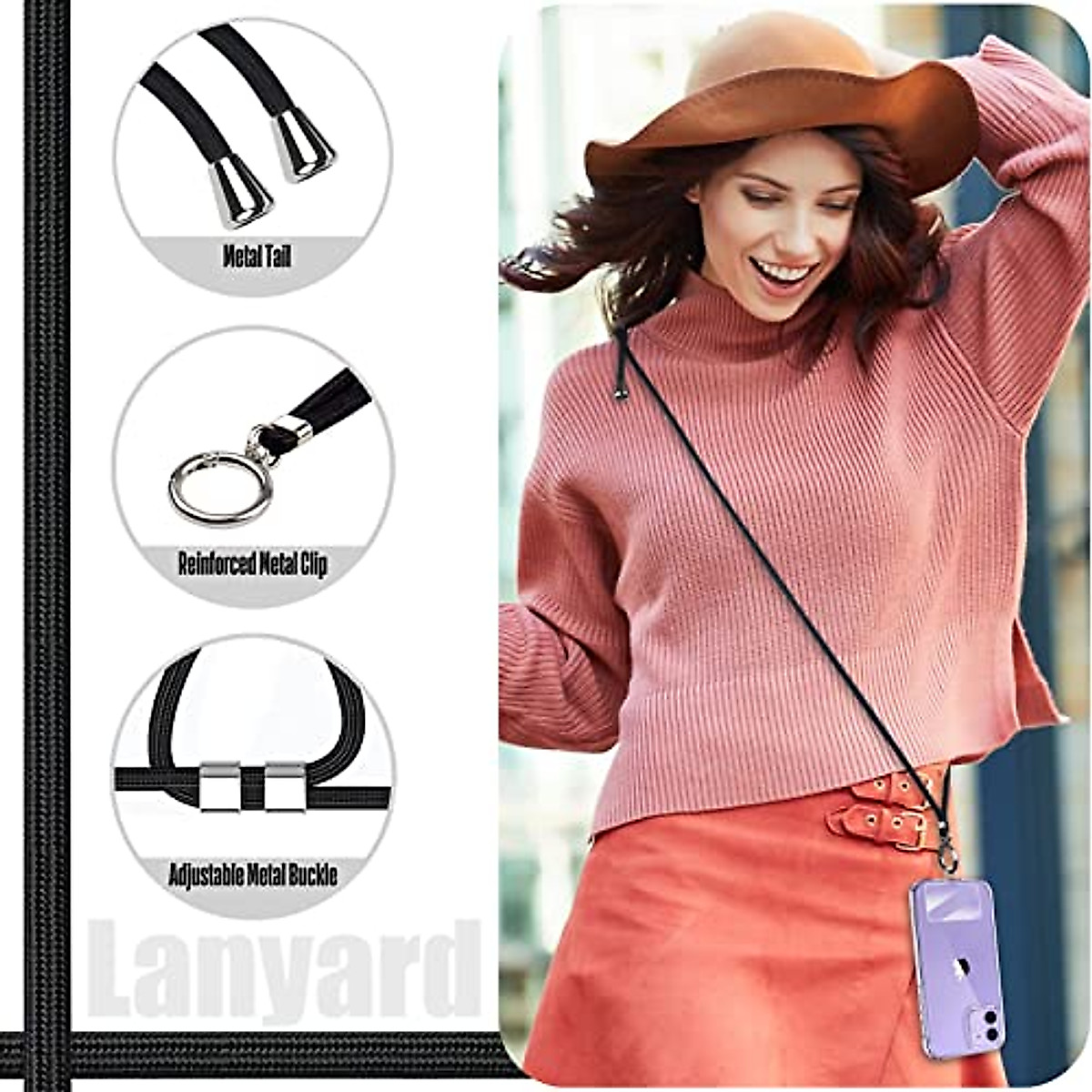 ZWZY Cell Phone Lanyard Crossbody Adjustable Neck Strap for Around The Hand with Wrist Tether Tab for Most Full Coverage Phones Case Black